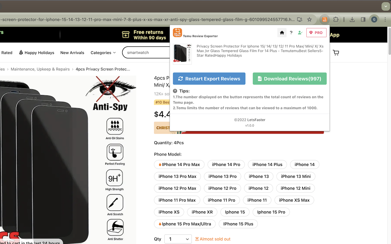 Temu Review Exporter - Export Temu reviews data to CSV file just one click